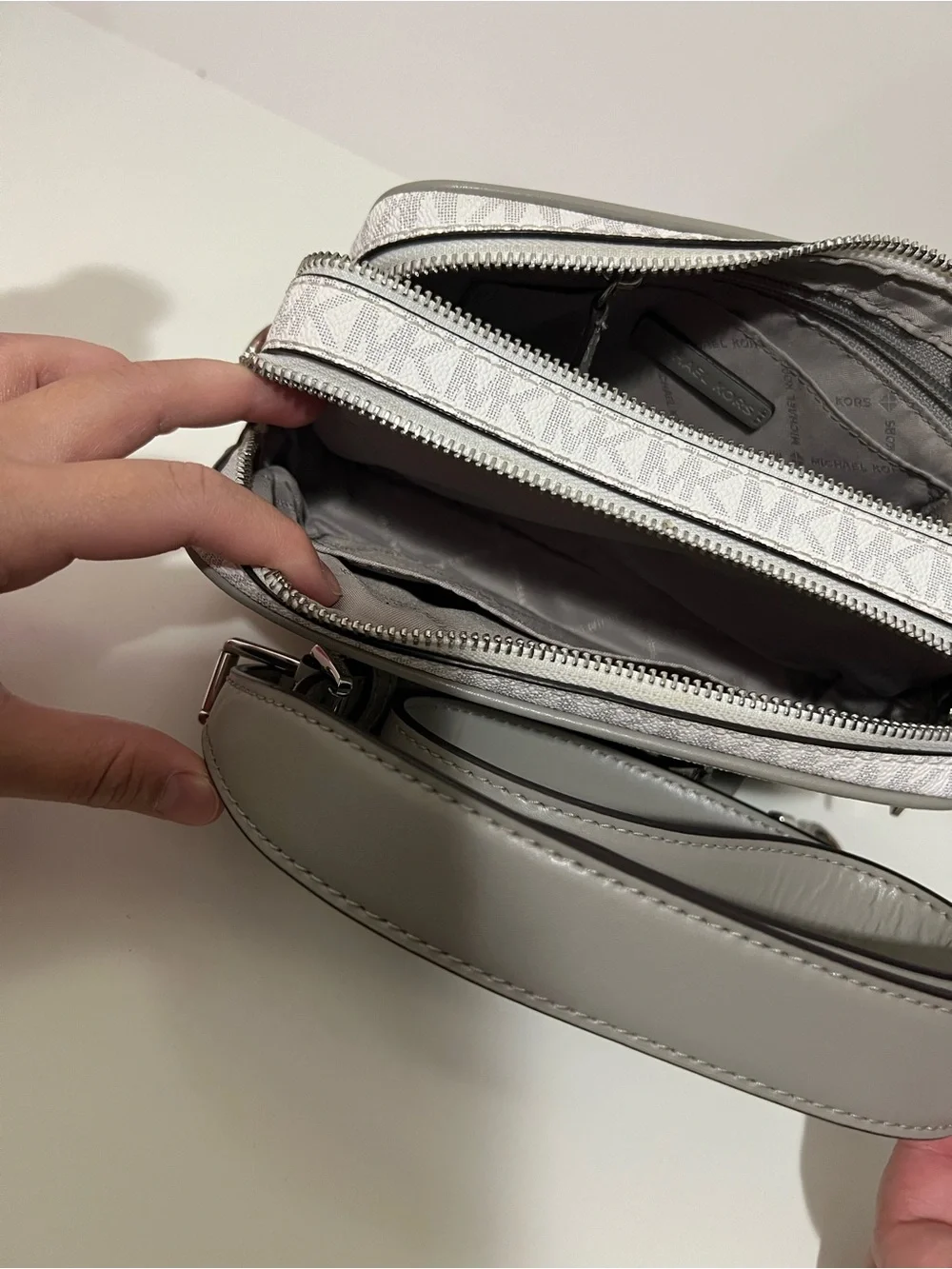 Michael Kors | Bags | Michael Kors Silver Mk Logo Metallic Crossbody ...